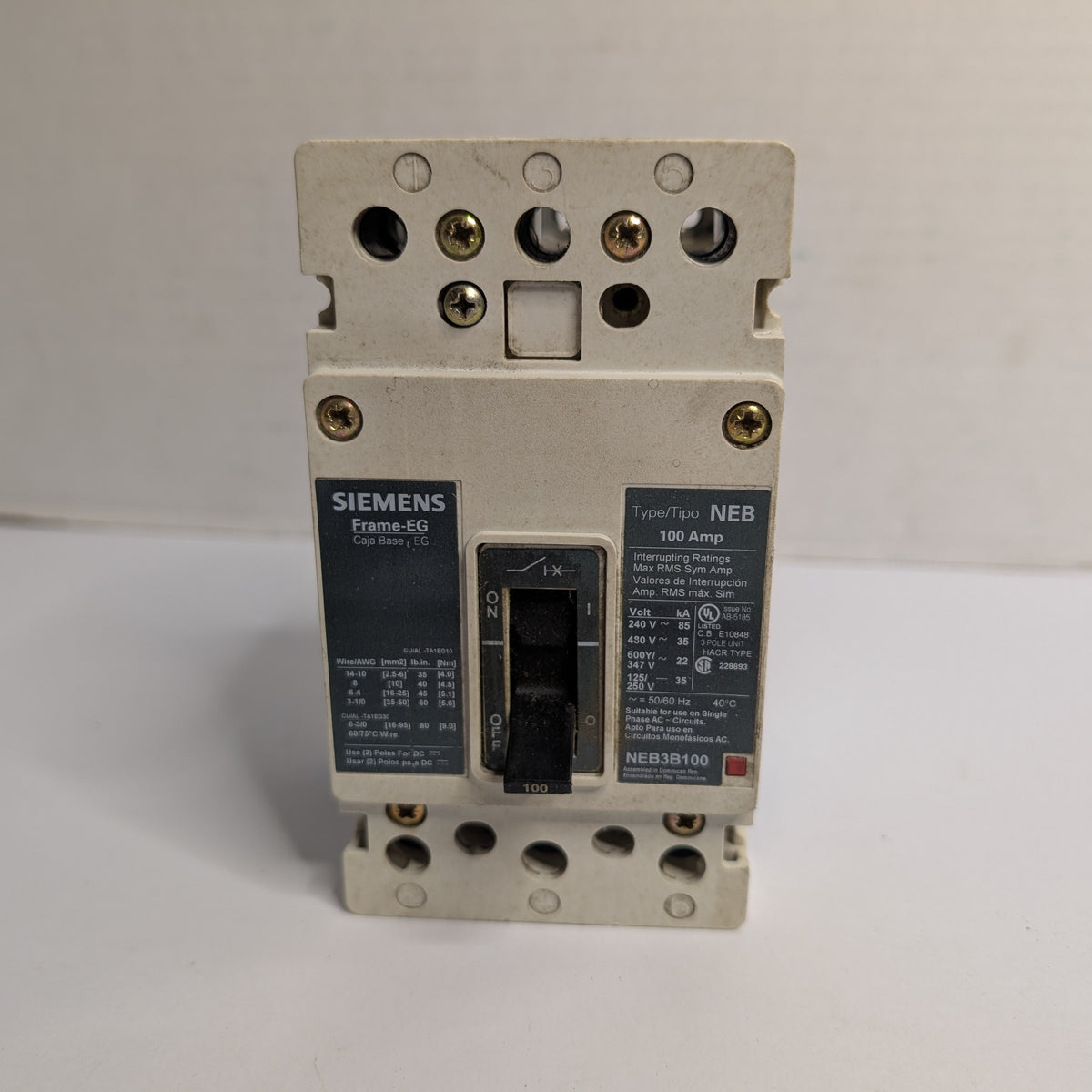Siemens - 3 Pole 100 AMP Molded Case Circuit Breaker - NEB3B100 - Used ...